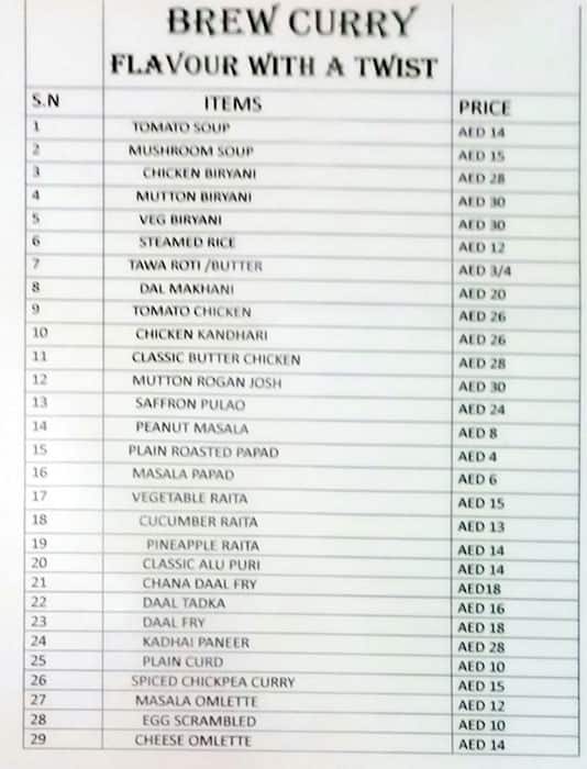 Menu of Brew Curry Restaurant and Cafe, Oud Metha, Dubai