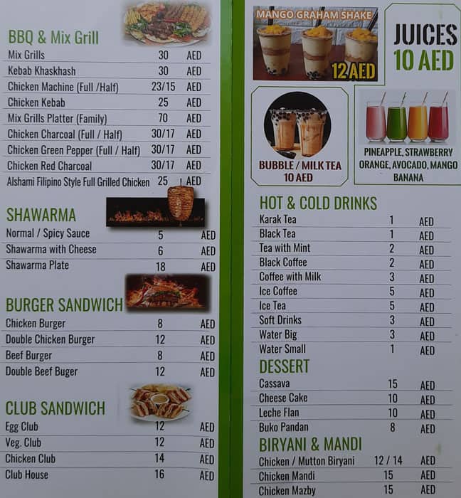 Menu at Al Shami Restaurant, Sharjah, Al Nahda St