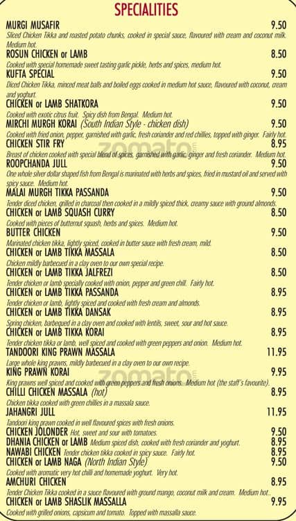 Menu at Tamarind Spice restaurant, Epsom