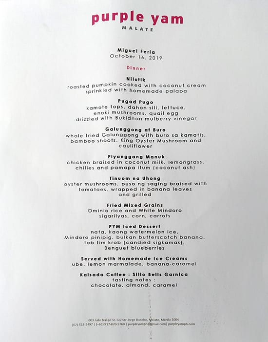 Menu at Purple Yam restaurant, Manila