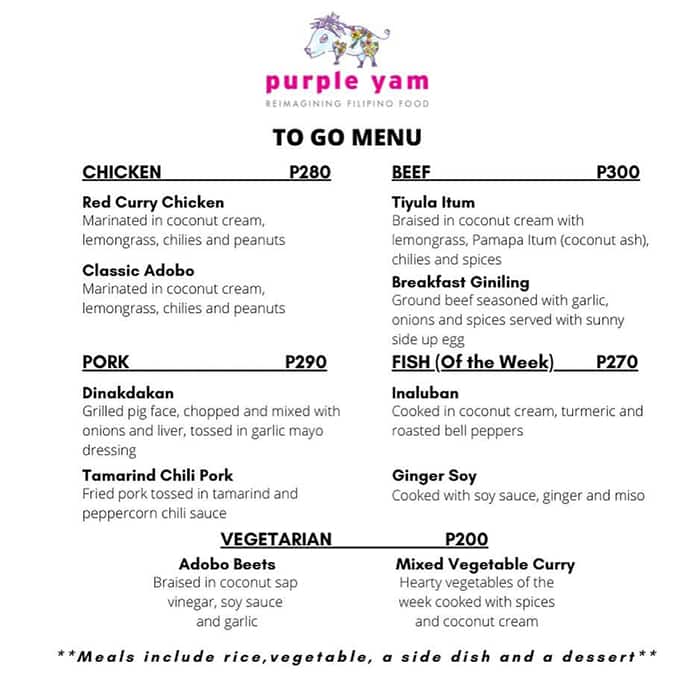 Carta del restaurante Purple Yam, Manila