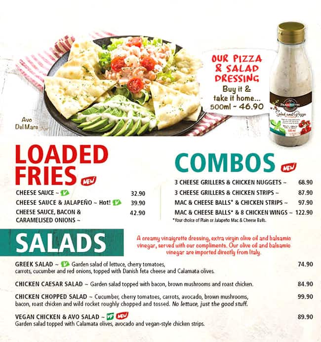 Menu at Panarottis pizzeria, Cape Town