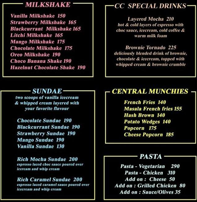 Menu at Coffee Central, Chennai