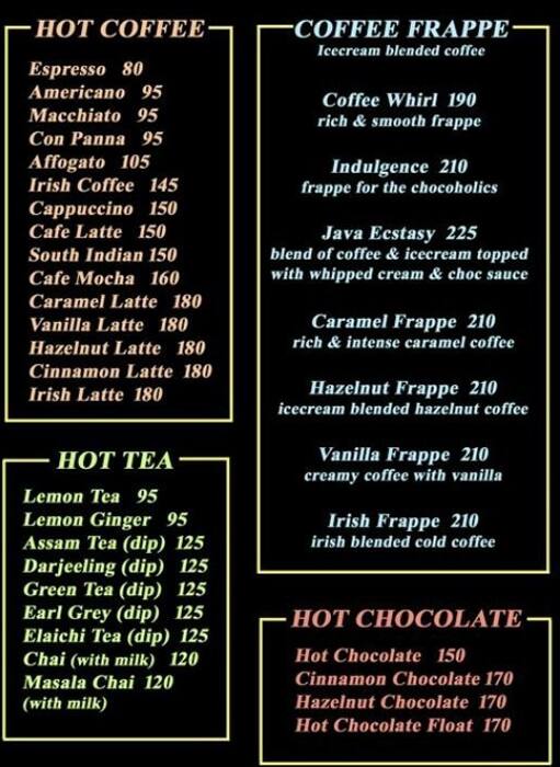 Menu at Coffee Central, Chennai