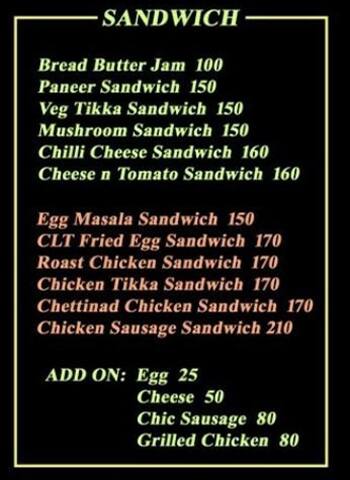 Menu at Coffee Central, Chennai