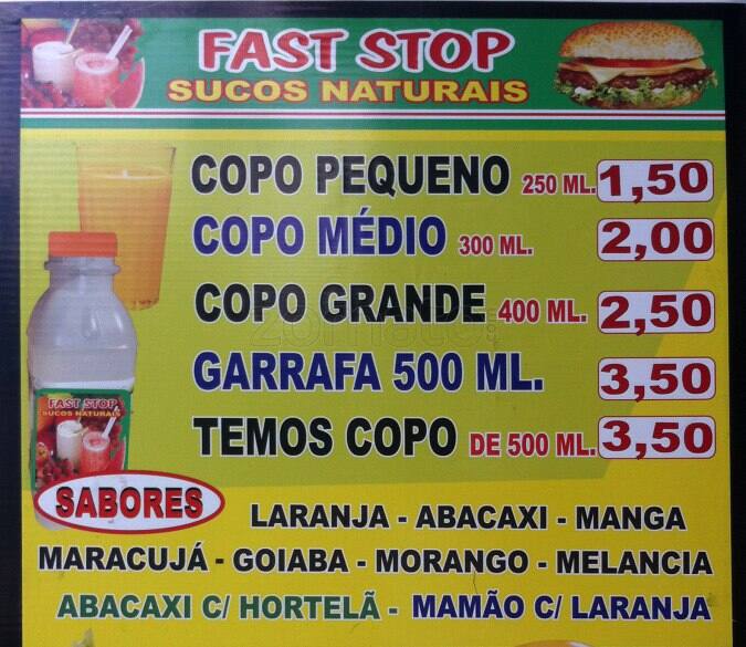 Menu at Fast Stop Sucos Naturais restaurant, São Paulo