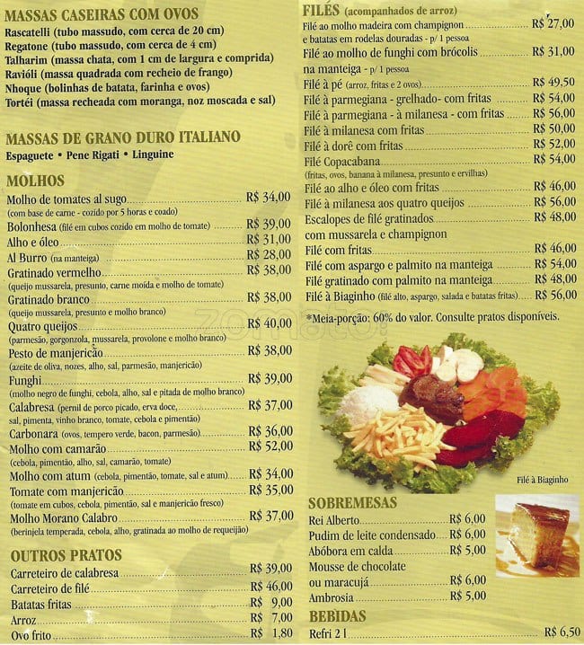 Menu at Copacabana restaurant, Porto Alegre, R. Matias José Bins