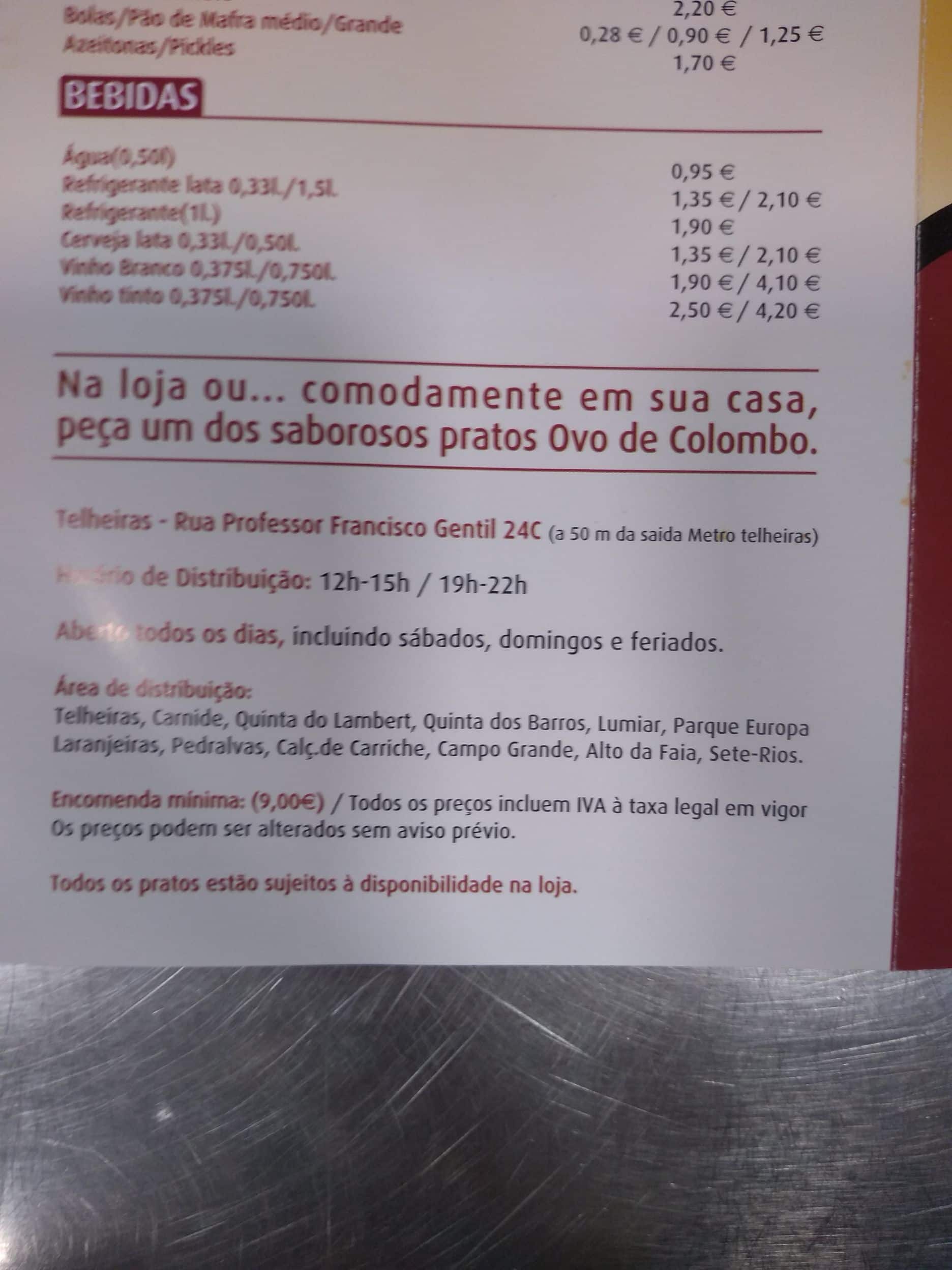Menu at Ovo De Colombo restaurant, Lisbon