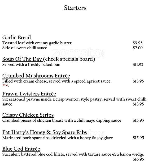 Menu at Fat Harry's restaurant, Dunedin