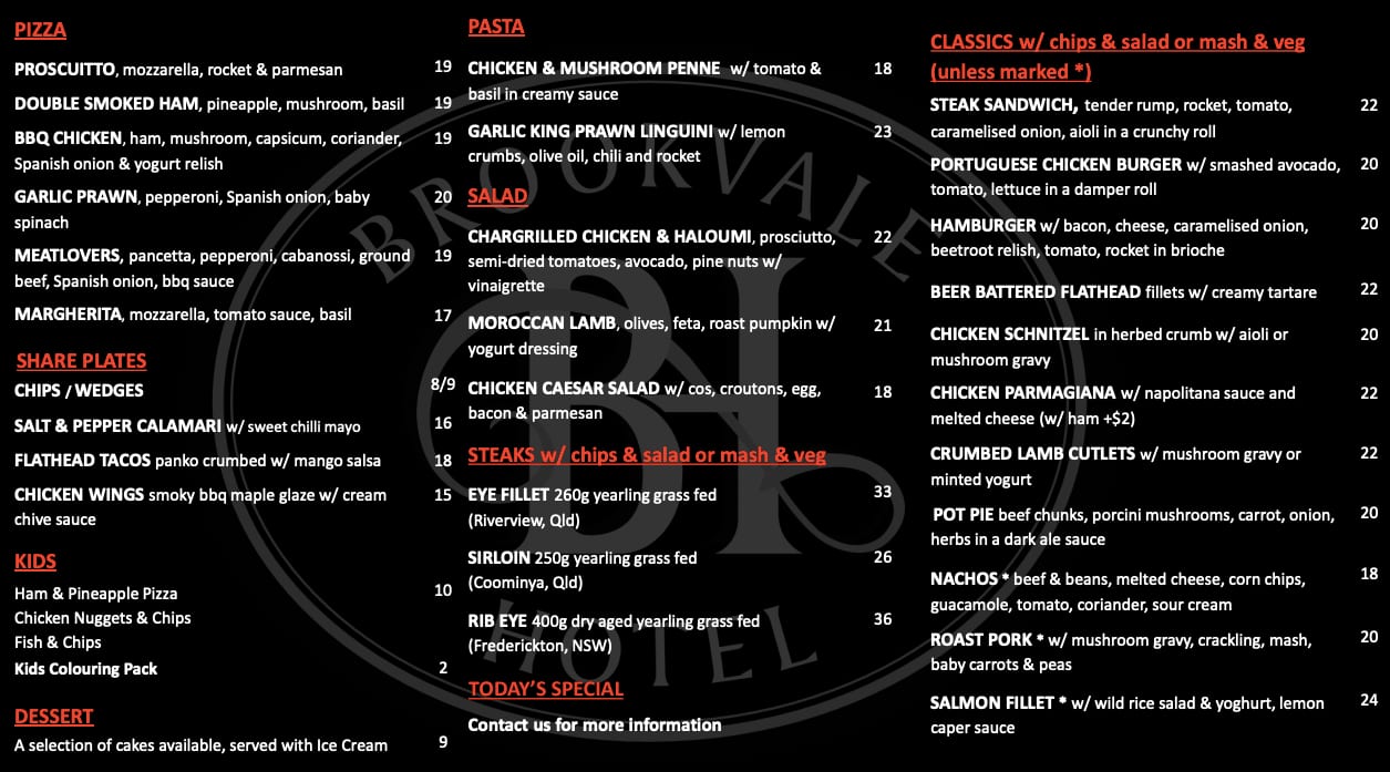 Menu at Brookvale Hotel restaurant, Brookvale, Brookvale Hotel