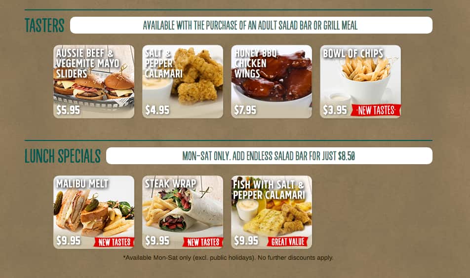 Menu at Sizzler restaurant, Shailer Park, Pacific Hwy