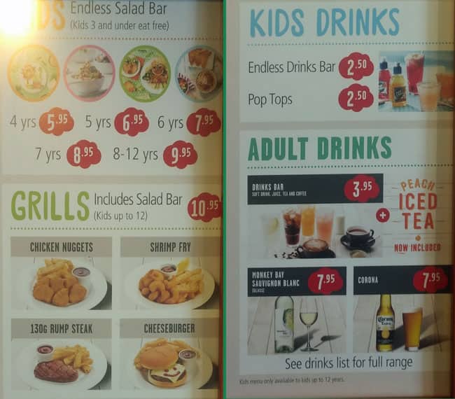 Menu at Sizzler restaurant, Cleveland, Corner Shore and Grant Streets