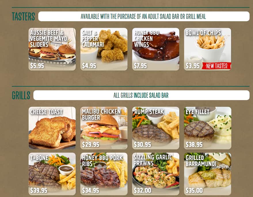 Menu at Sizzler restaurant, Shailer Park, Pacific Hwy