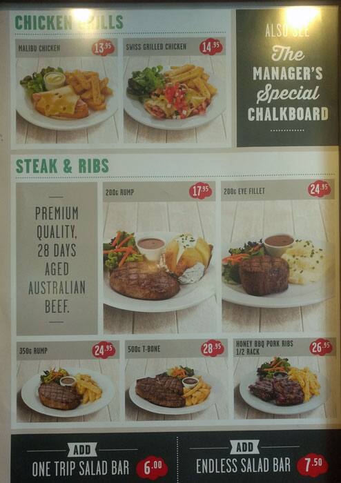 Menu at Sizzler restaurant, Cleveland, Corner Shore and Grant Streets