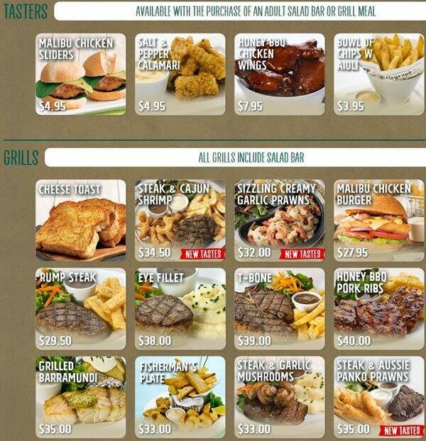 Menu at Sizzler steakhouse, Annerley