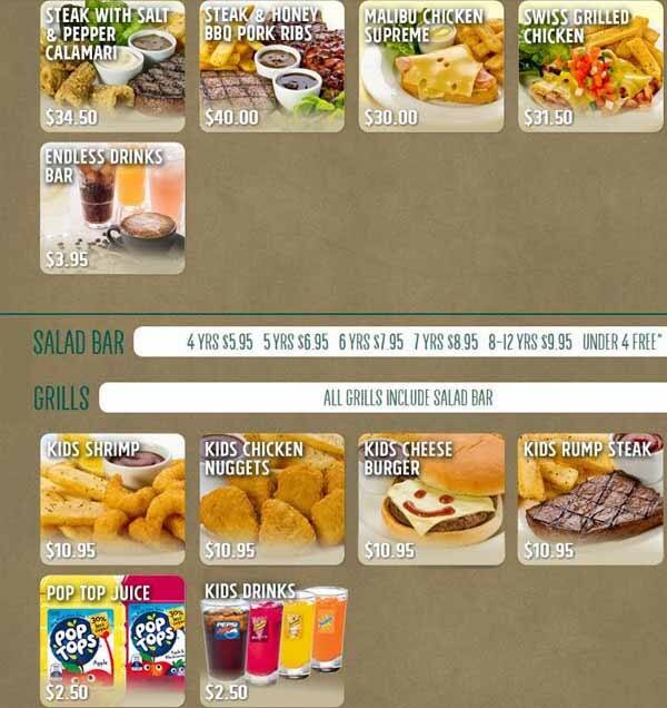 Menu at Sizzler steakhouse, Annerley