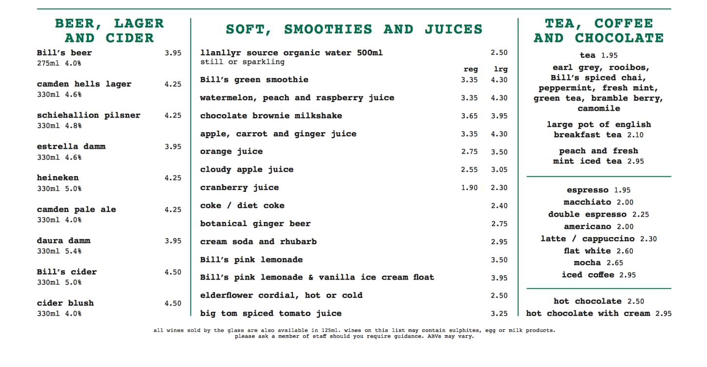 Menu at Bill's Exeter Restaurant, Exeter