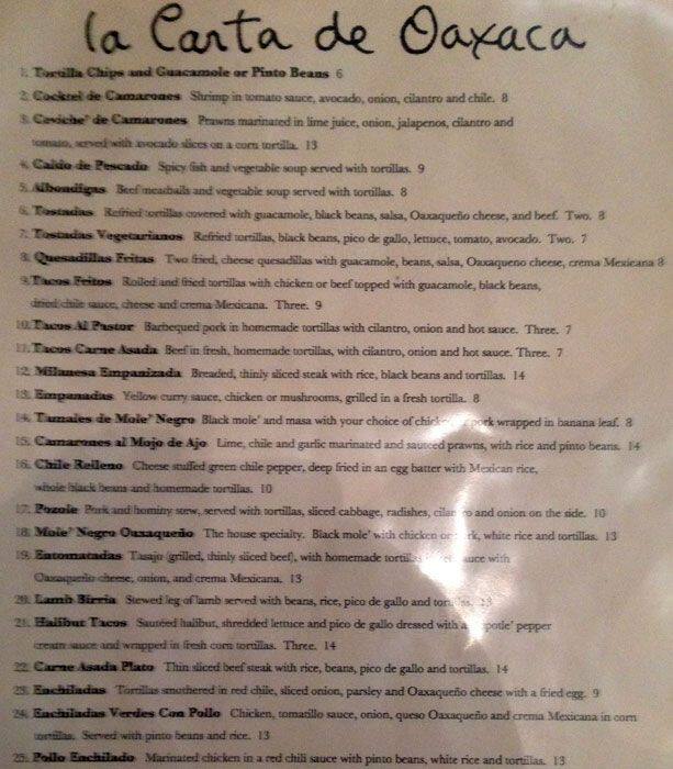 Menu at La Carta De Oaxaca restaurant, Seattle