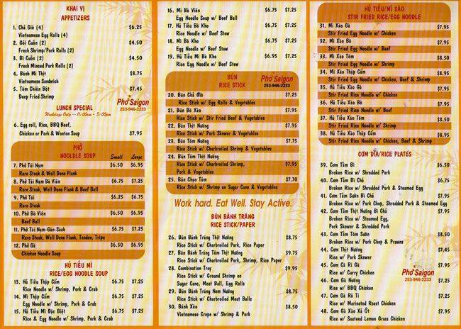 Menu at Pho Saigon Garden restaurant, Kent