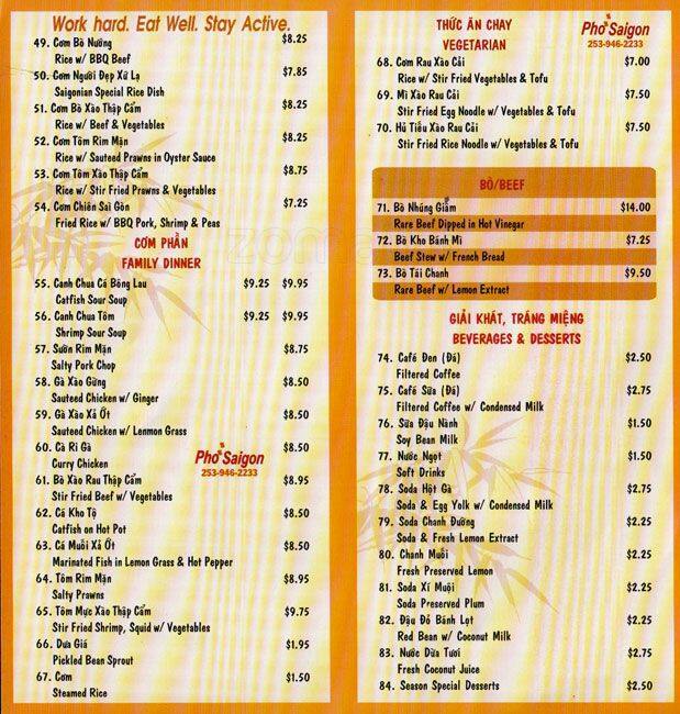 Menu at Pho Saigon Garden restaurant, Kent