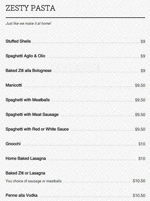 Menu at Zesty Pizzeria, New York City