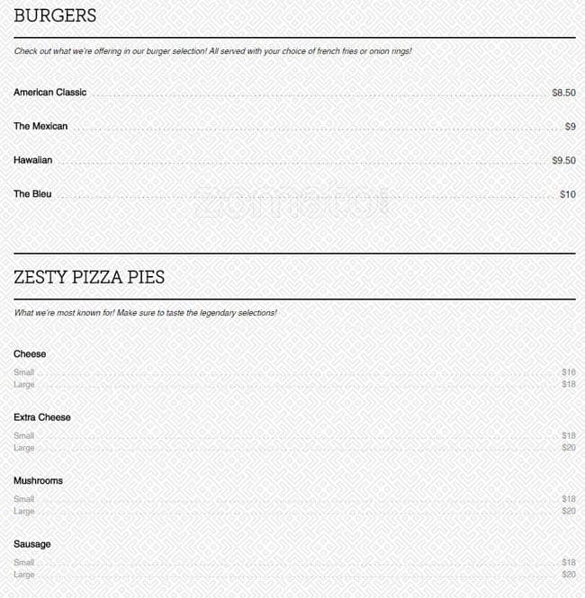 Menu at Zesty Pizzeria, New York City