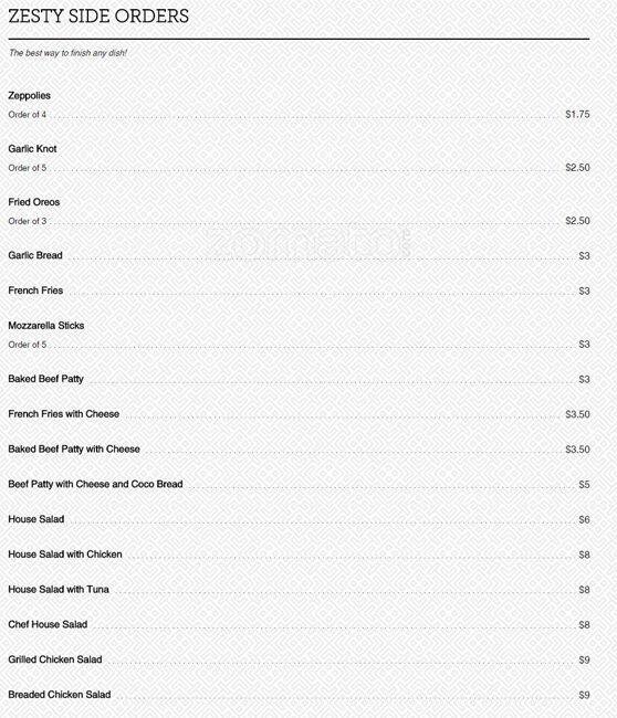 Menu at Zesty Pizzeria, New York City