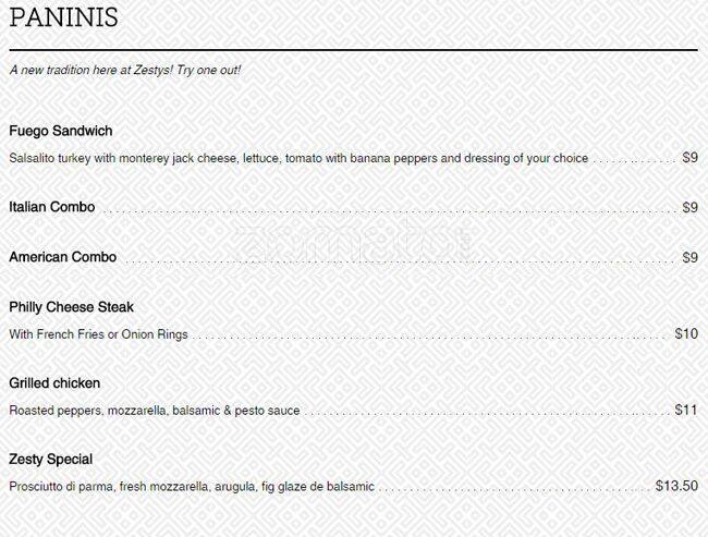 Menu at Zesty Pizzeria, New York City