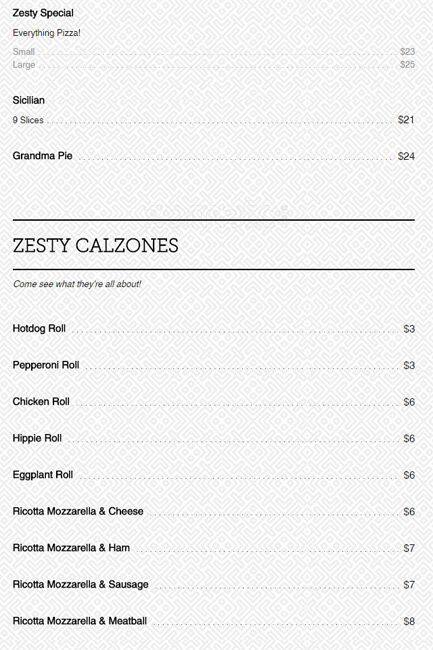 Menu at Zesty Pizzeria, New York City