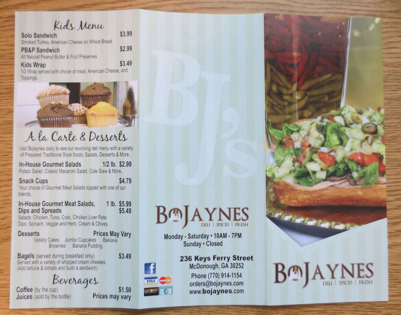 Menu at BoJaynes cafe, McDonough, 371 Keys Ferry St