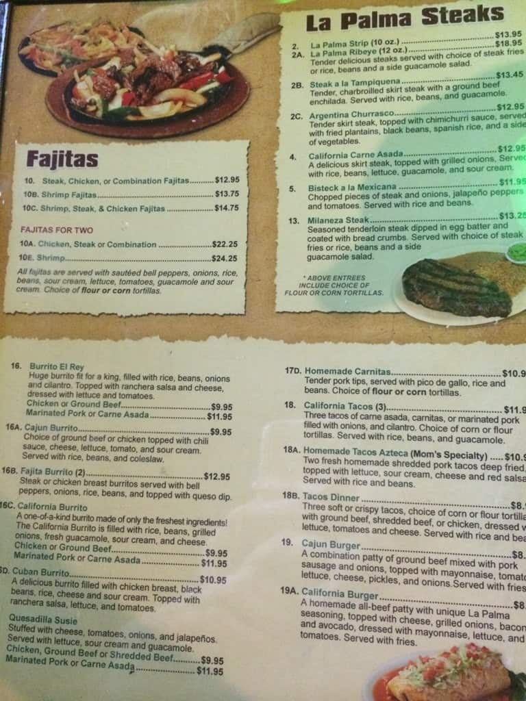 Menu at La Palma Mexican Grill restaurant, Leesburg, Citrus Blvd