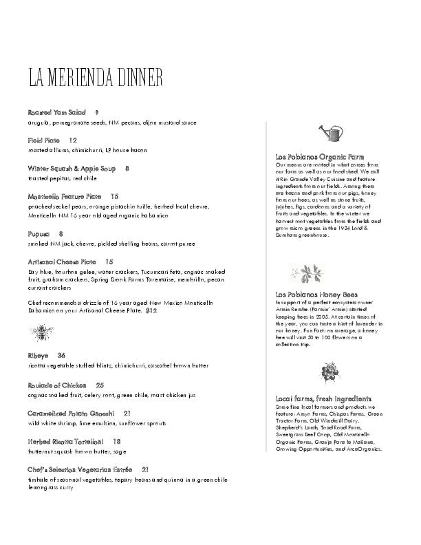 Menu at Los Poblanos Historic Inn & Organic Farm restaurant, Albuquerque