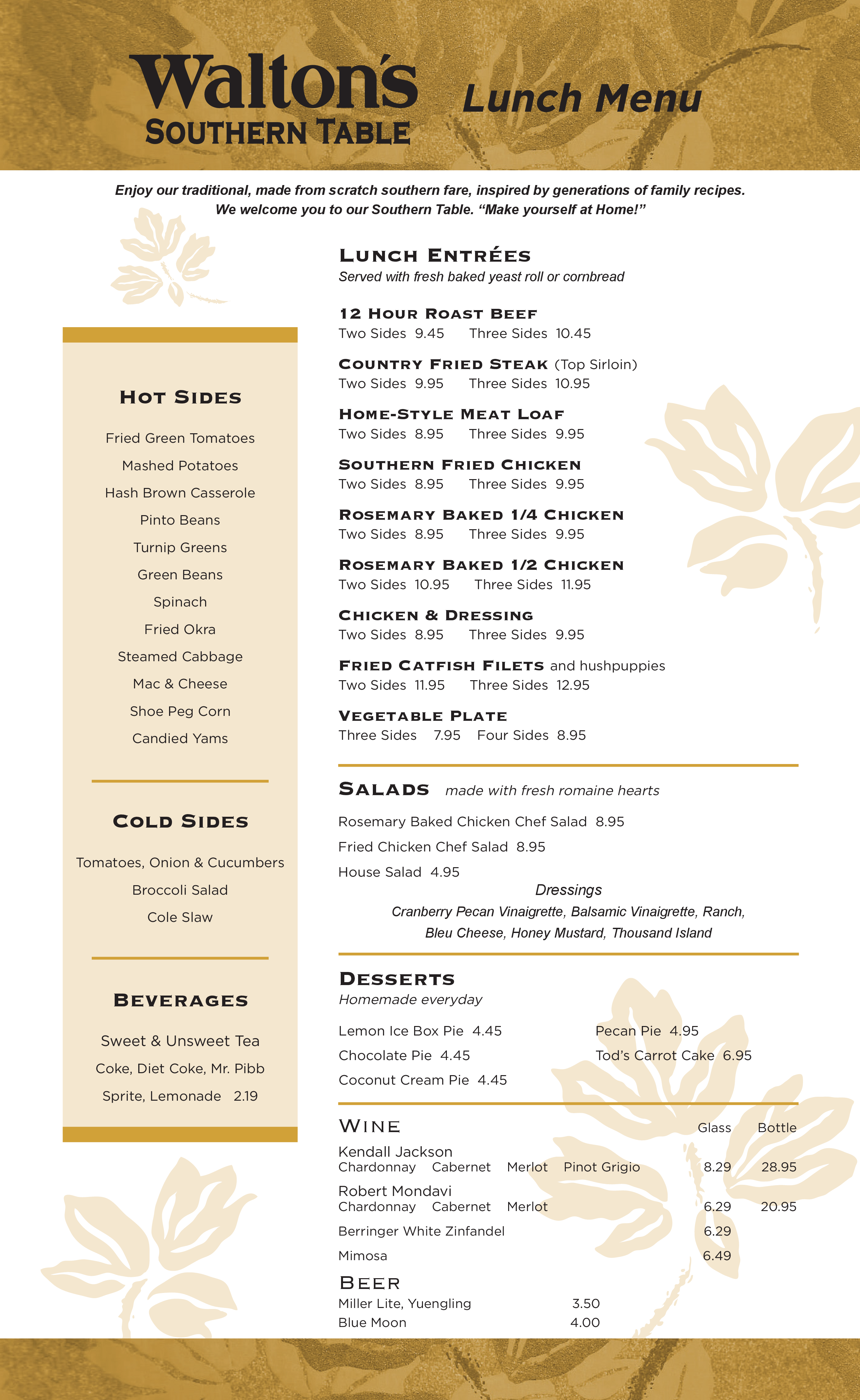 Menu at Walton's Southern Table restaurant, Huntsville