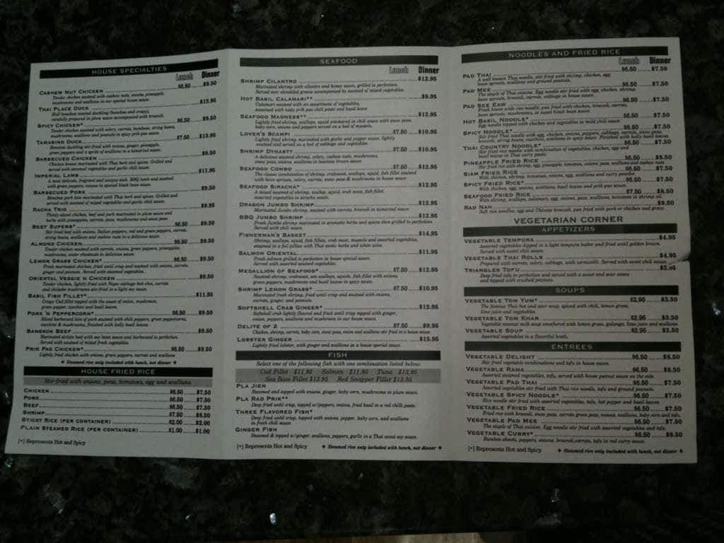 Menu at Thai Place restaurant, South Hadley