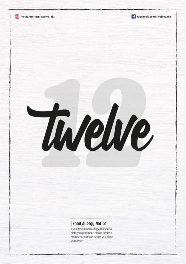 Menu at Twelve restaurant, Auckland, 1 Courthouse Ln