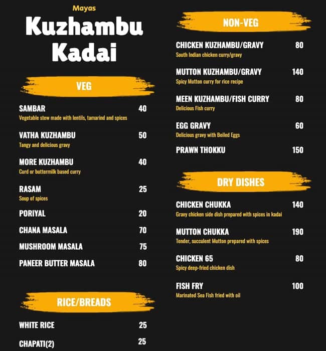 Menu of Mayas Kuzhambu Kadai, Pallikaranai, Chennai