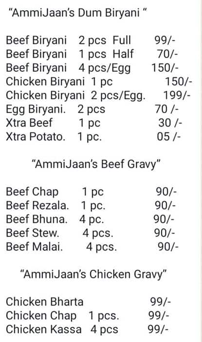 Menu of Ammi Jaan Restaurant & Caterer, Park Circus Area, Kolkata