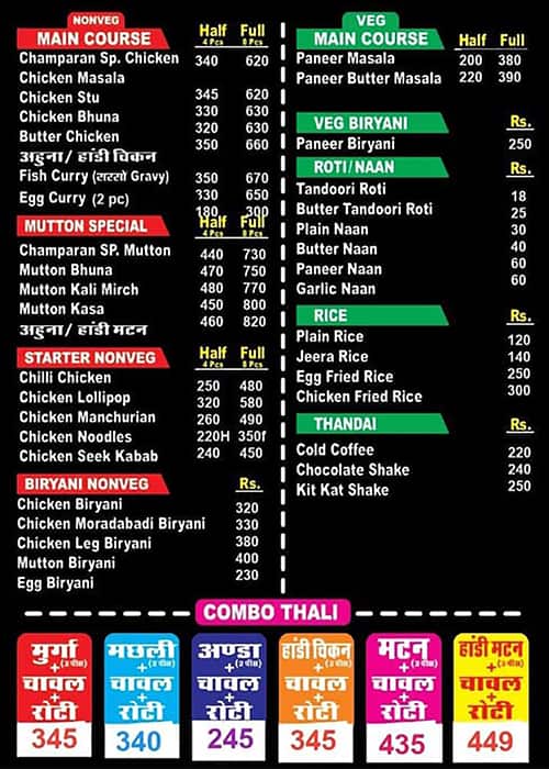 Menu at Champaran meat house, Kota