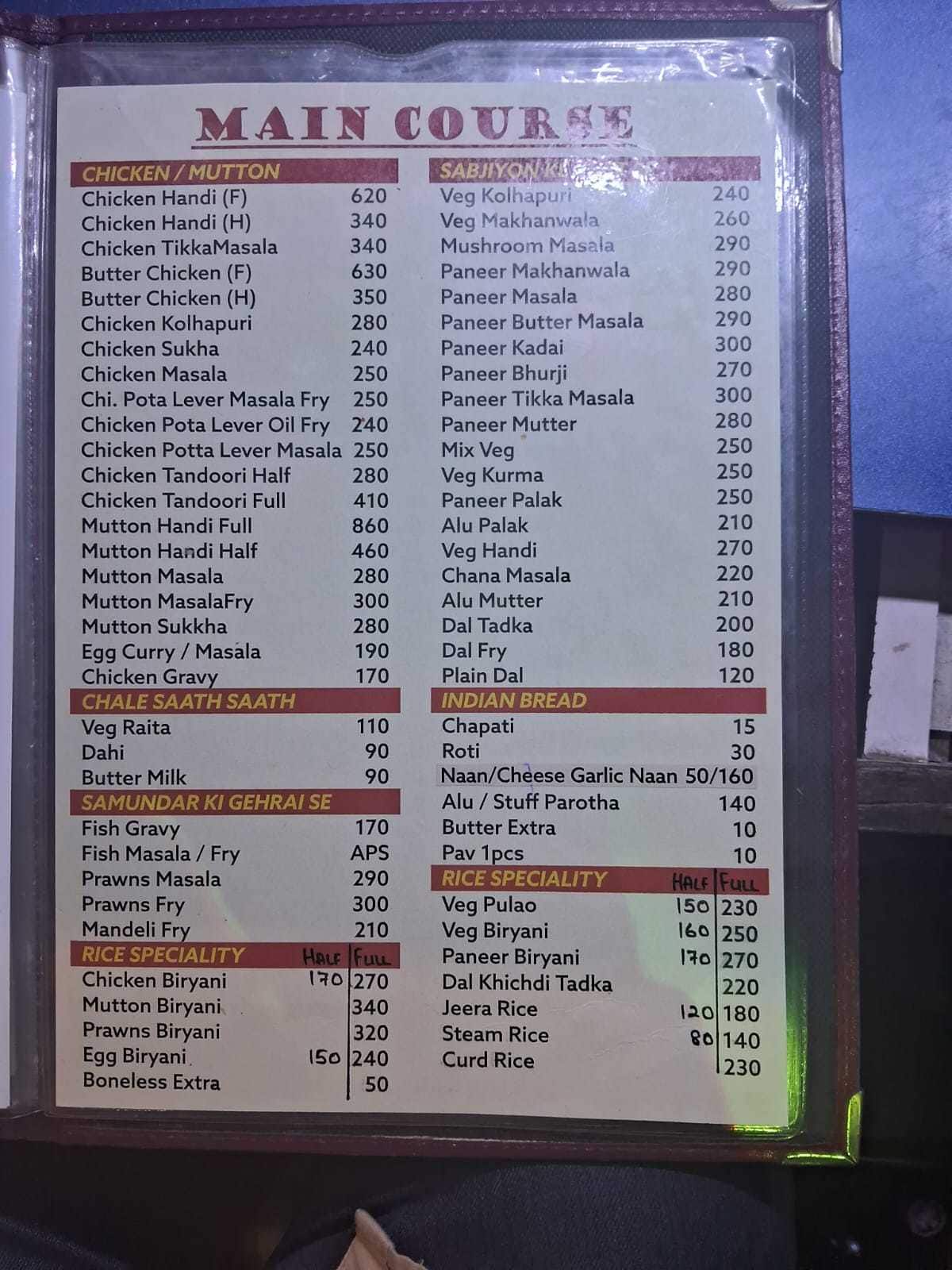 Menu of Hotel Ellora Bar Restaurant, Borivali East, Mumbai