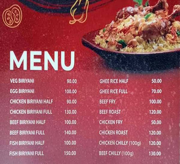 Menu of Malabar Kalyana Biriyani, Chittoor Road, Kochi