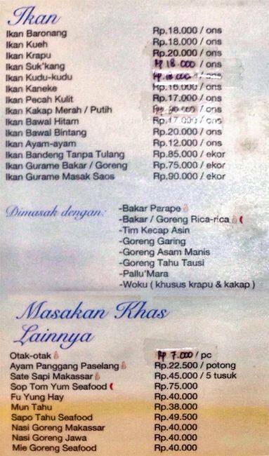 Menu at Sari Laut Ujung Pandang restaurant, Jakarta, Gading Food City