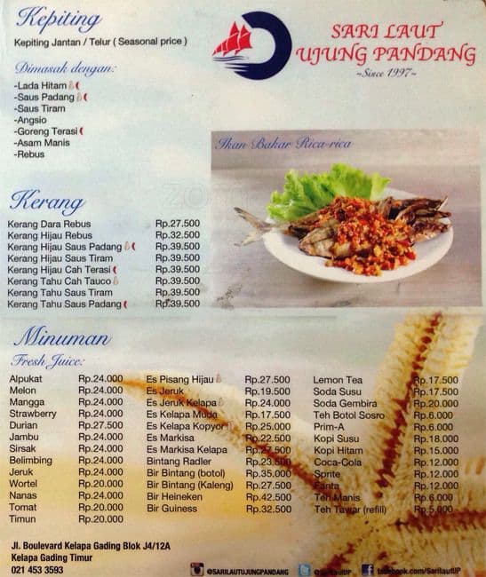 Menu at Sari Laut Ujung Pandang restaurant, Jakarta, Gading Food City