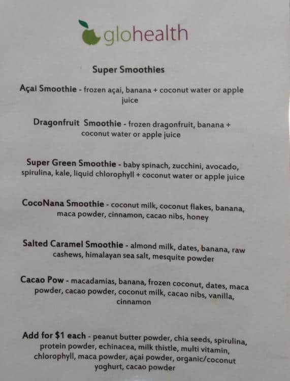 Menu at Glo Health cafe, Melbourne
