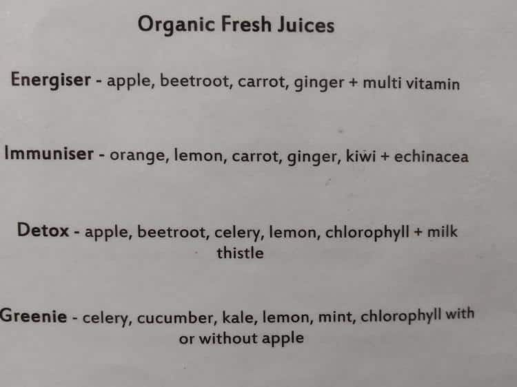 Menu at Glo Health cafe, Melbourne
