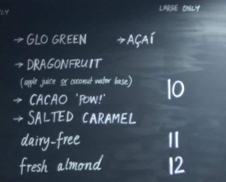 Menu at Glo Health cafe, Melbourne