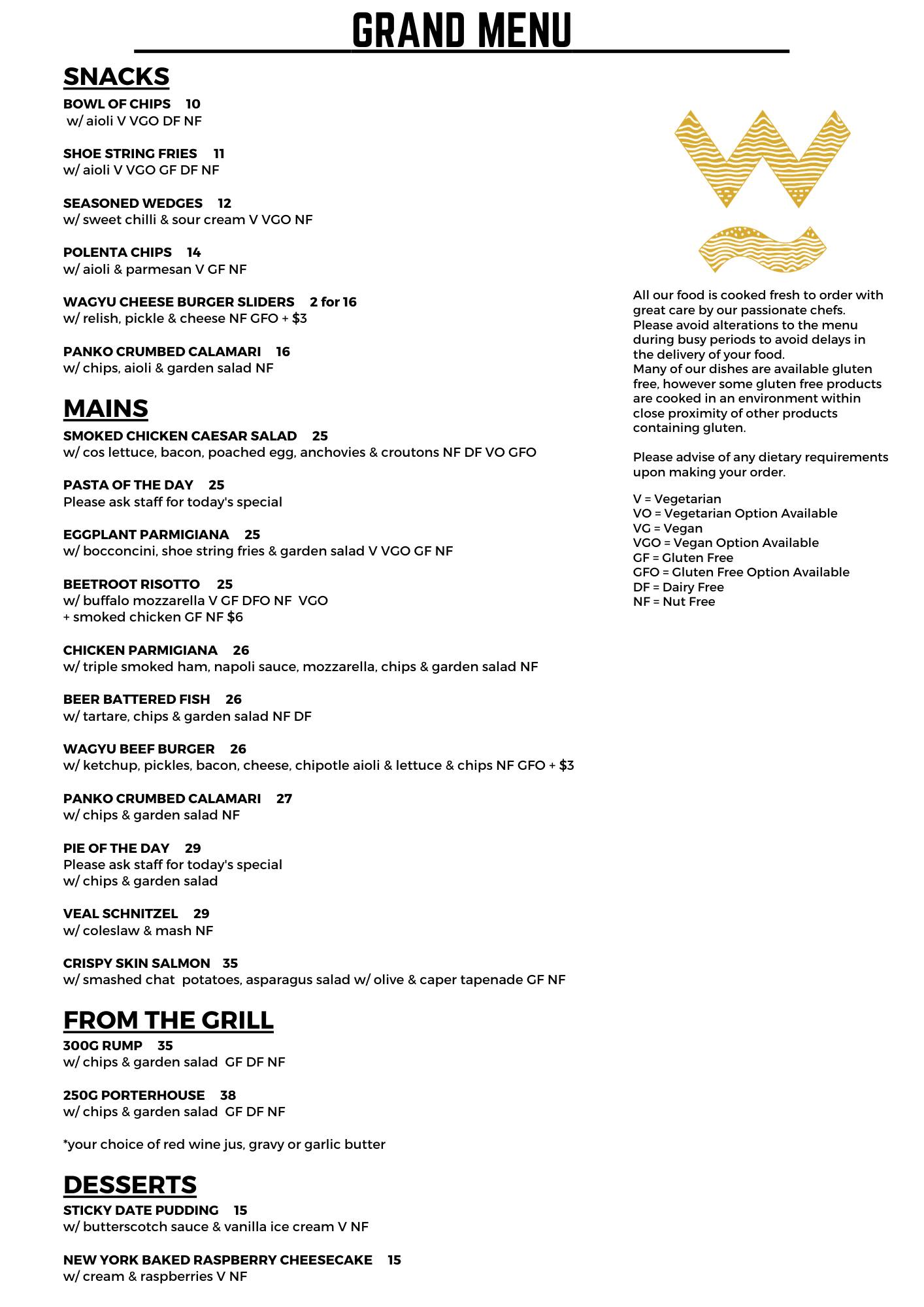 Menu at The Grand Hotel Warrandyte pub & bar, Warrandyte