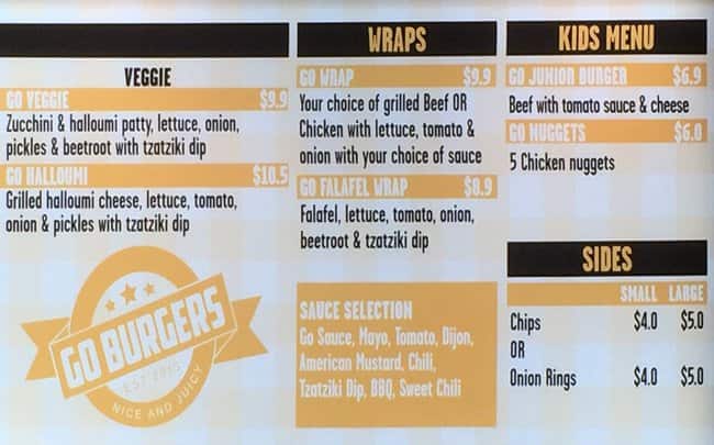 Menu at Go Burgers fast food, Melbourne