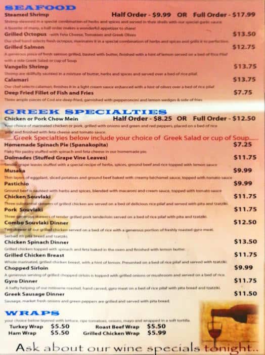 Menu at Seven Springs Souvlaki restaurant, New Port Richey