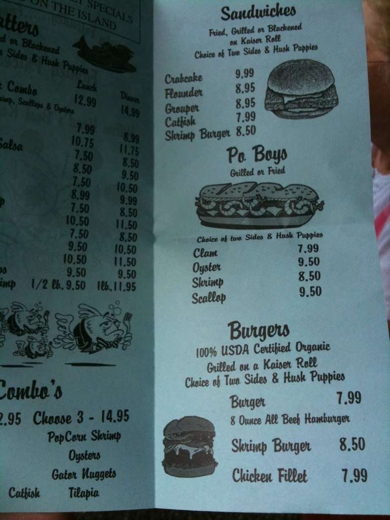 Menu at The Sea Shack restaurant, Hilton Head Island