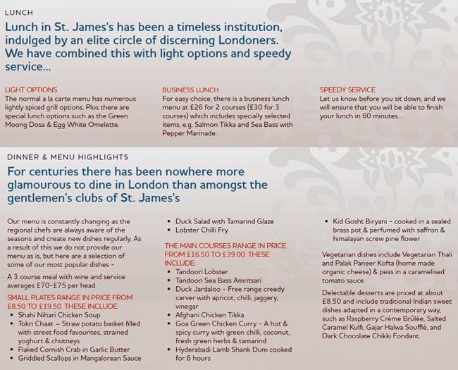 Menu at Chutney Mary restaurant, London, 73 St James's St